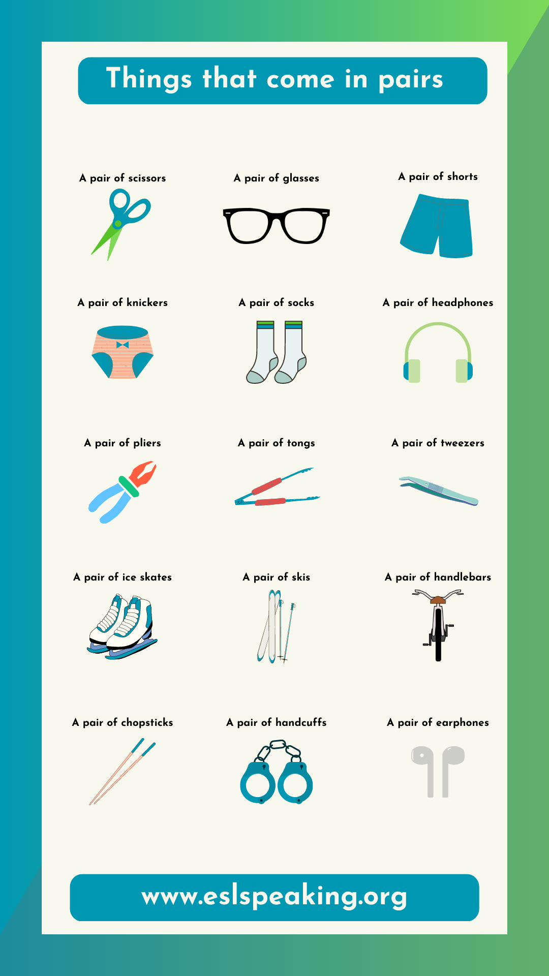 What Comes In Pairs List In English Of Things That Come In Pairs